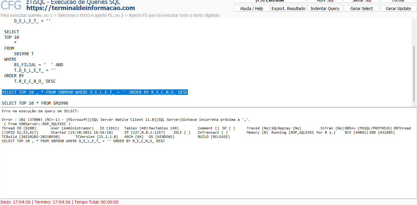 Tela que Executa Consultas SQL via AdvPL – Terminal de Informação