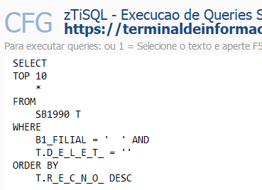 Tela que Executa Consultas SQL via AdvPL – Terminal de Informação